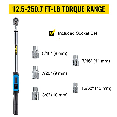 VEVOR Digital Torque Wrench, 1/2" Drive Electronic Torque Wrench, Torque Wrench Kit 12.5-250.7 ft-lb Torque Range Accurate to ±2%, Adjustable Torque Wrench w/LED Display and Buzzer, Socket Set & Case