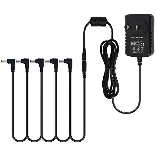 Pigtone DC 9V Guitar Pedal Power Supply AC Wall Charger Adapter 9V DC 1A 1000mA Tip Negative 5 Way Daisy Chain Pedal Cables for Most Guitar Effect Pedals