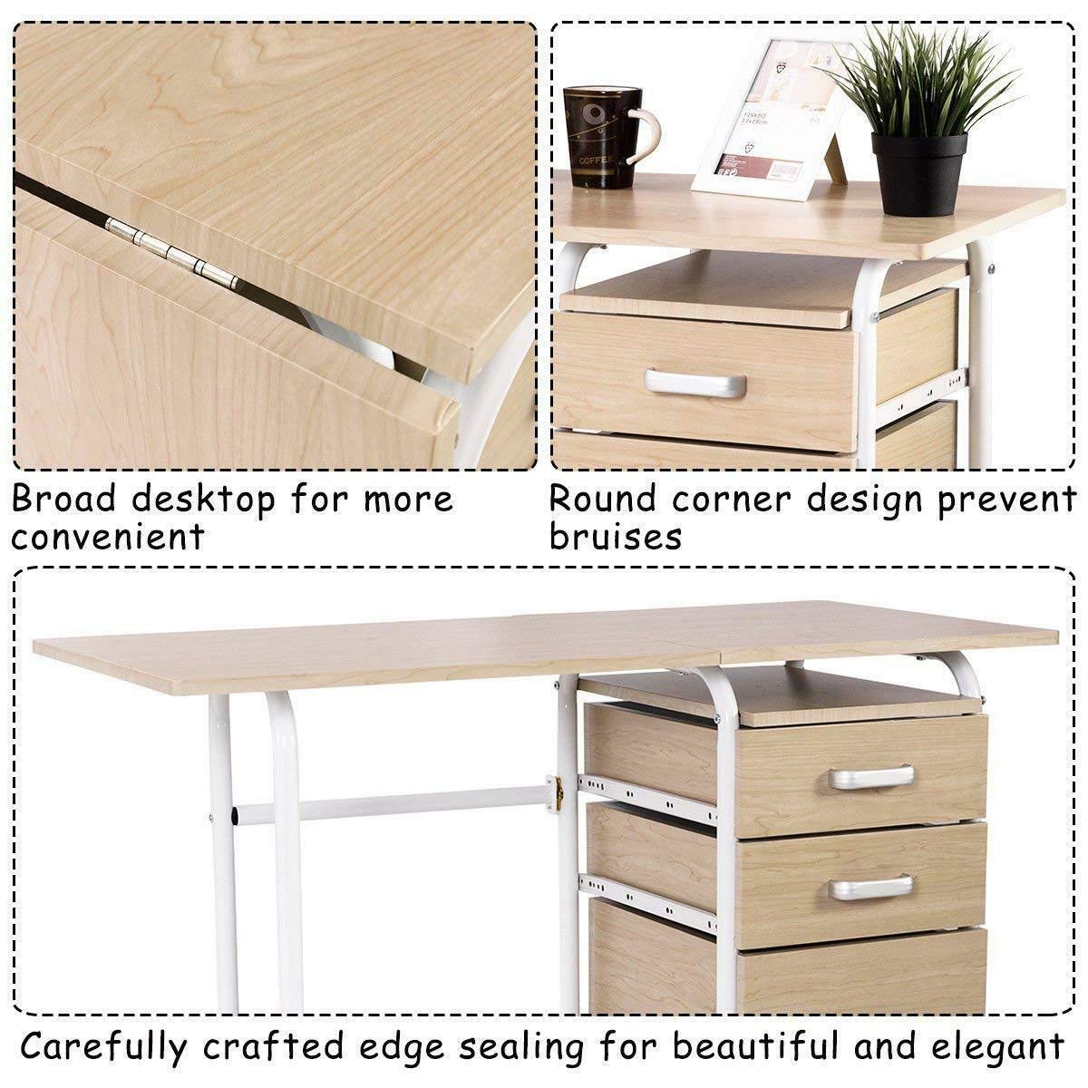 Natural Foldable Computer PC Laptop Work Desk Wheeled Office Furniture with 3 Drawers Home Office Study Computer Work Table Desk(U.S. Stock)
