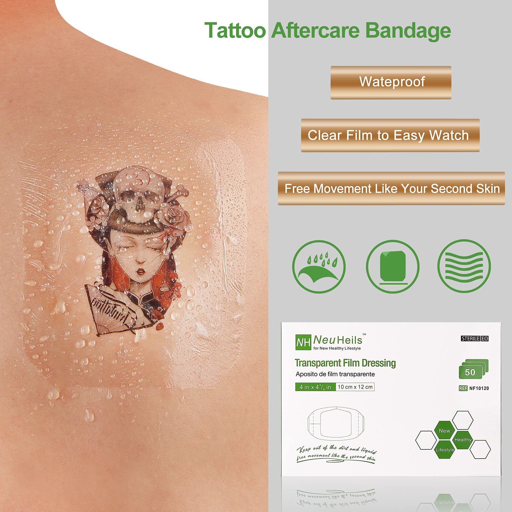 NeuHeils Transparent Film Dressing, Large Waterproof Wound Cover Bandage 4''x4.75'', 50 Packs, Post Surgical Shower or IV Shield, Tattoo Aftercare Bandage, Adhesive Patch 4 x 4 3/4 Inch