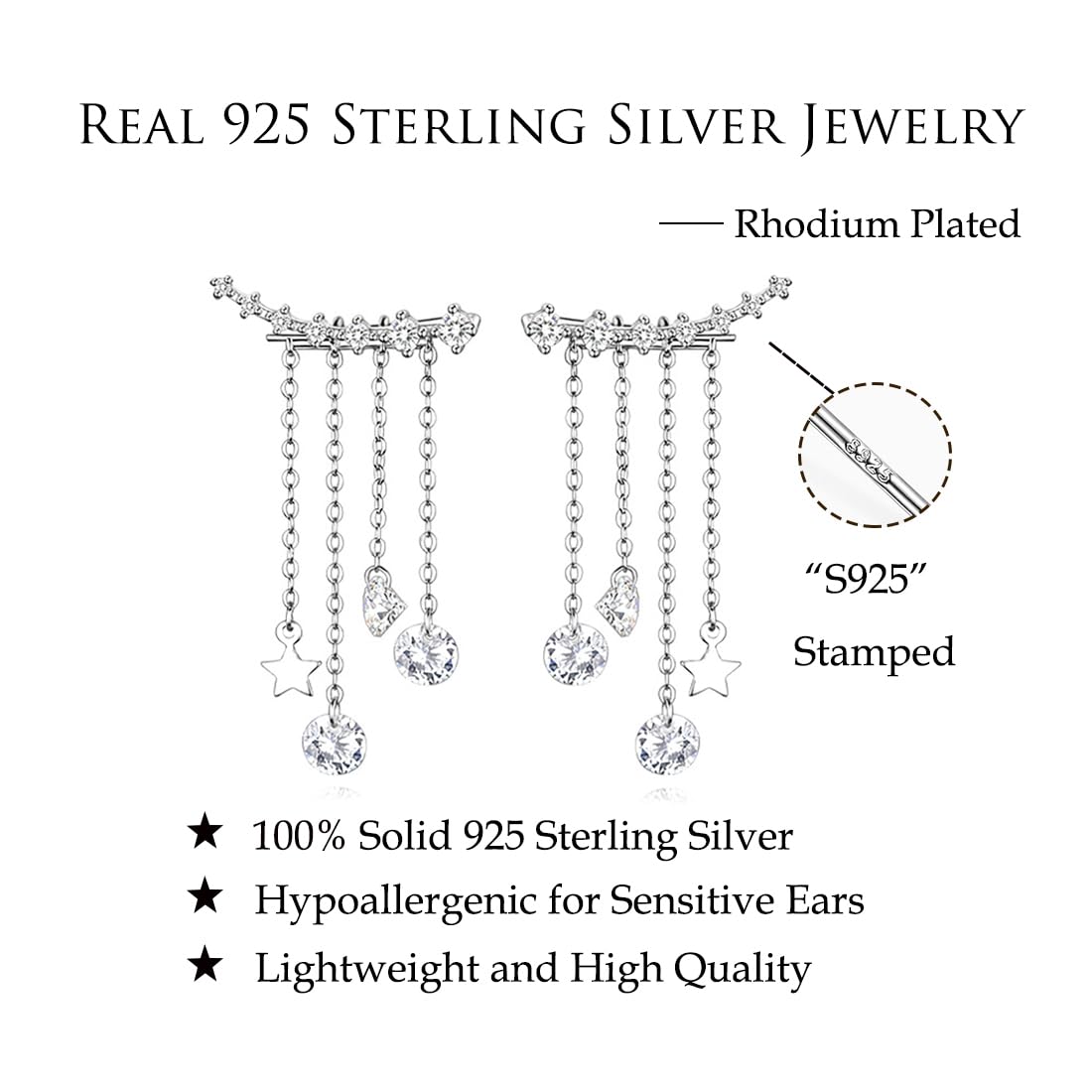 Reffeer Solid 925 Sterling Silver Crawler Earrings Tassel Chain Dangle for Women 7 Crystal Cuff Earrings Chain Wraps Climber