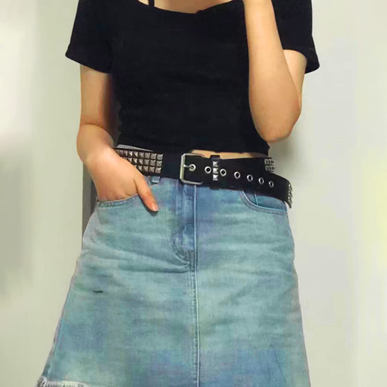 Studded Belt, 3 Row Metal Pyramid Silver Square Beads Punk Leather Belt, Gothic Punk Pants Jeans Belt for Women Men (Black) 110 x 3.8 cm