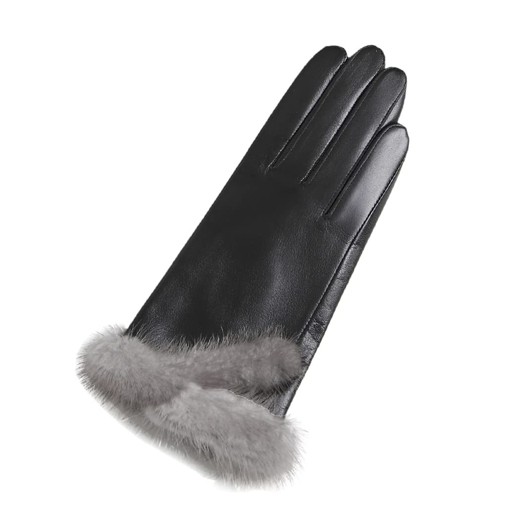 TJLSS Women's Gloves Genuine Leather Winter Warm Fluff Woman Soft Mittens (Color : Black, Size : XL Code)