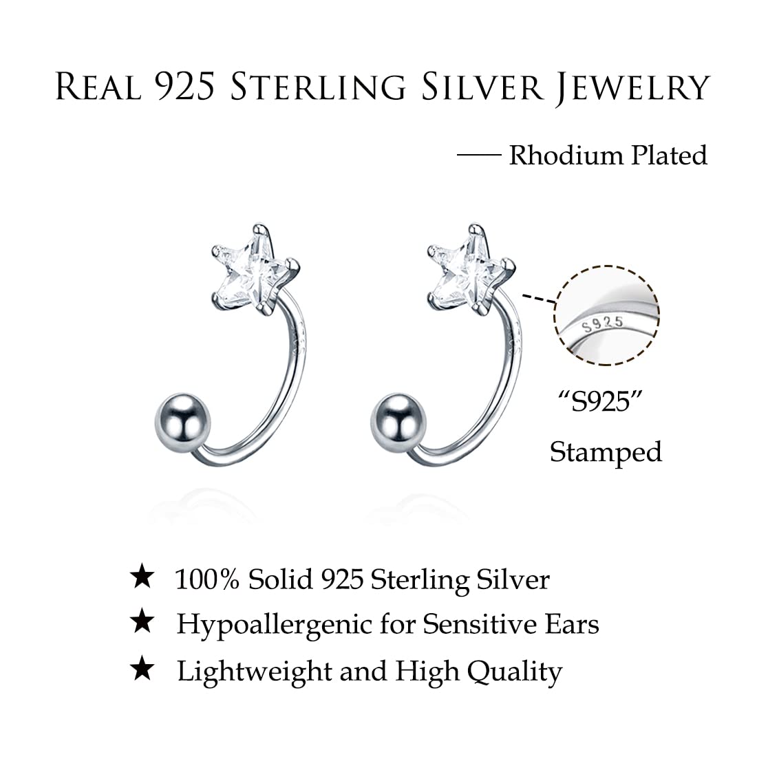 Reffeer Solid 925 Sterling Silver Star Half Hoop Earrings Open Huggie Hoops for Women Ball Cuff Earrings Star (A-Silver)