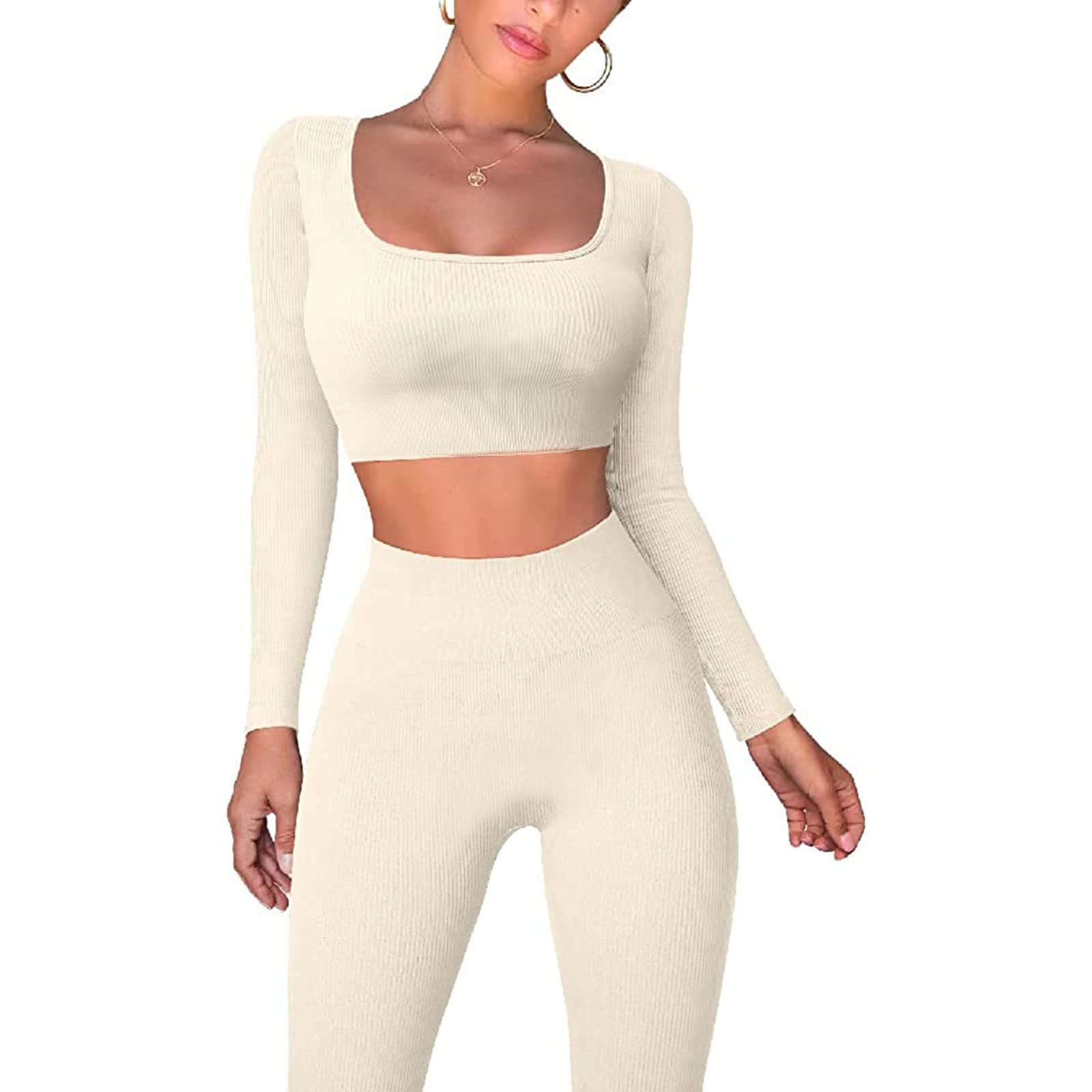 Workout Outfits for Women 2 Piece Ribbed Seamless Crop Tank Yoga Leggings Sets (White, S)