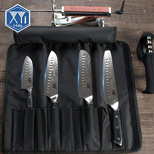 XYJ Authentic Since 1986,4-pieces Damascus Knives Set With Roll Bag,Sheath,Sharpener,Santoku Chef Knife,Slicing Cutting Vegetable Knife,Damascus Steel Kitchen Knives G10 Handle