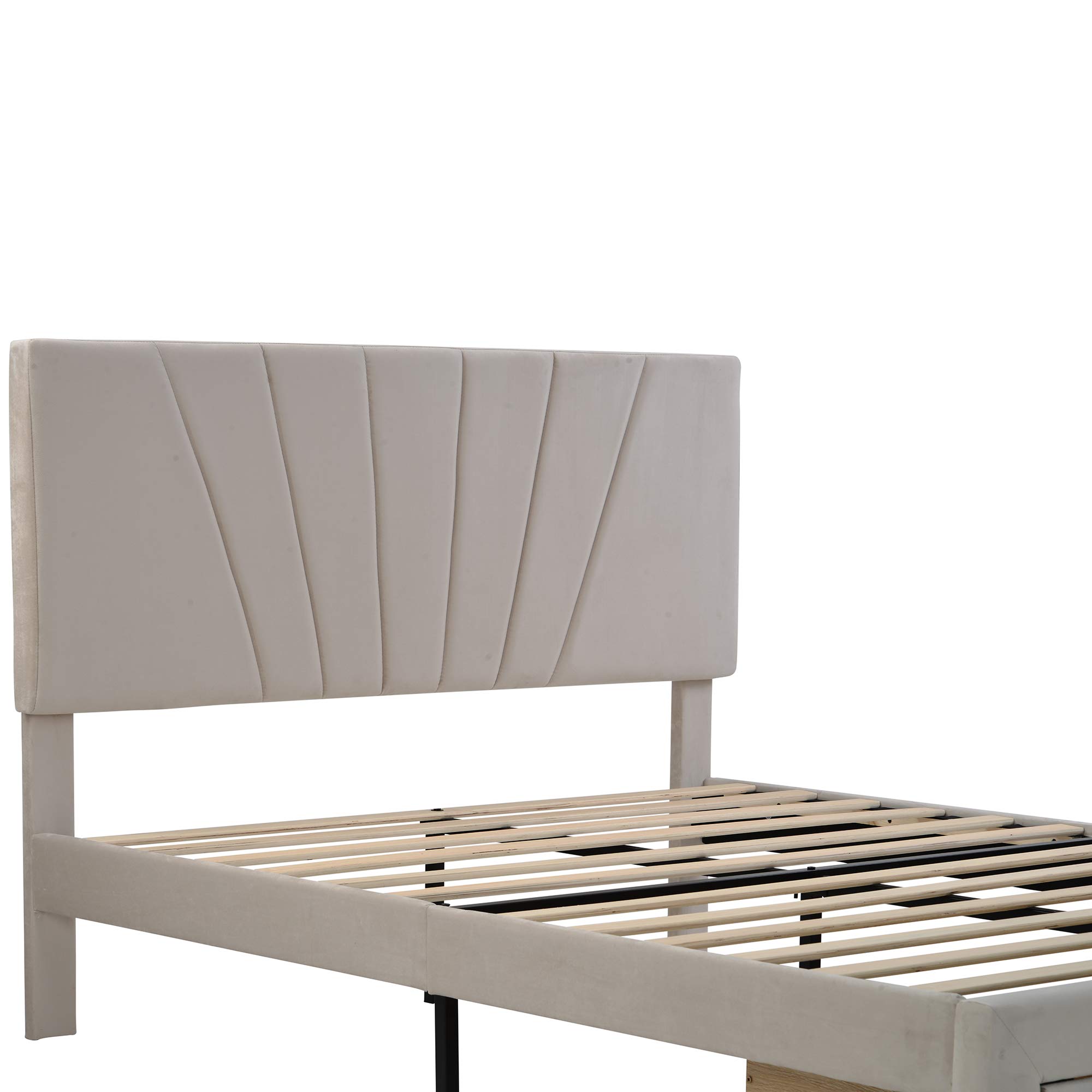 Oudiec Queen Size Platform Bed with Drawer,Velvet Upholstered Home Furniute w/Headboard for Kids/Adult Bedroom,Easy to Assemble,No Box Spring Needed,Beige