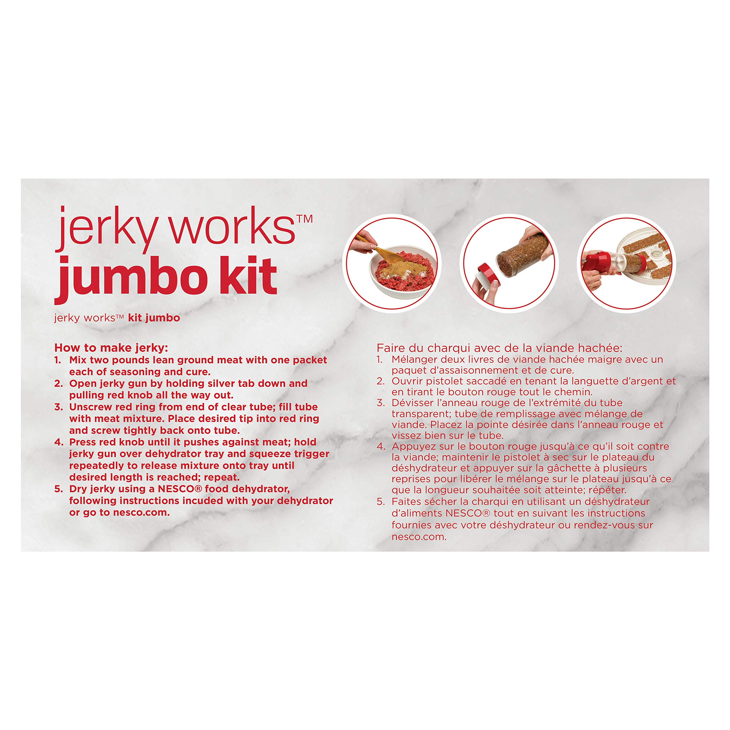 NESCO FD-75A Snackmaster Pro Food Dehydrator, For Snacks, Fruit, Beef Jerky, Gray & Jumbo Works Beef Jerky kit, 1, Red