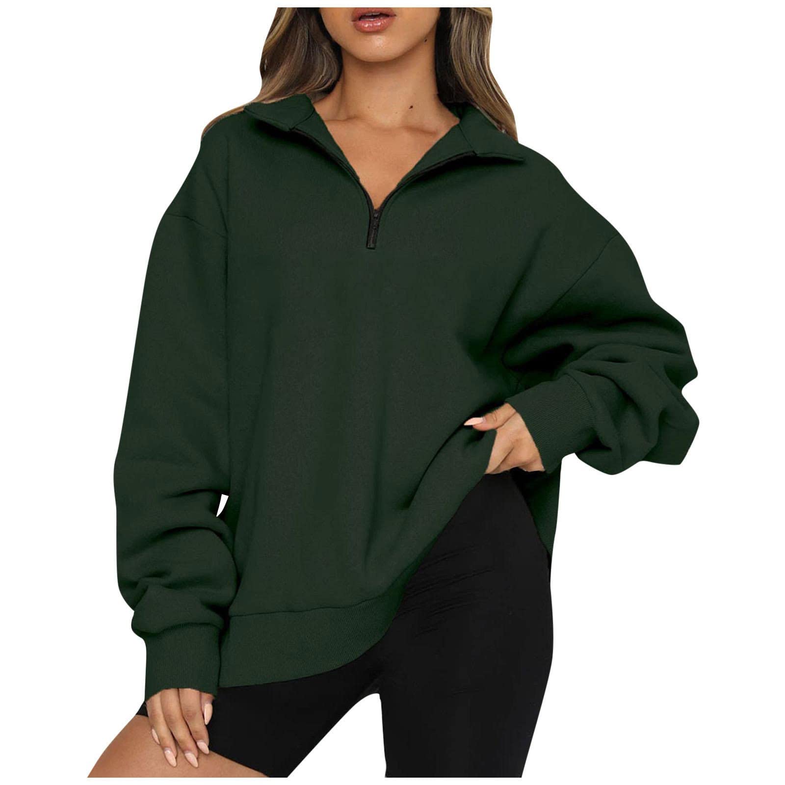 Wirziis Womens Oversized Sweatshirt Long Sleeve Solid Pullover Quarter Zip Sweater Top Teen Girls Christmas Fall Y2K Clothes, A03_green, 3X-Large