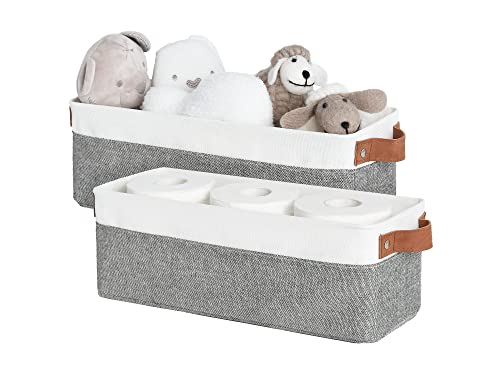 StorageWorks Narrow Storage Bins, Small baskets for Organizing, Long Storage Basket with Handles, Fabric Storage Bins for Shelf, Grey and White, 2-Pack