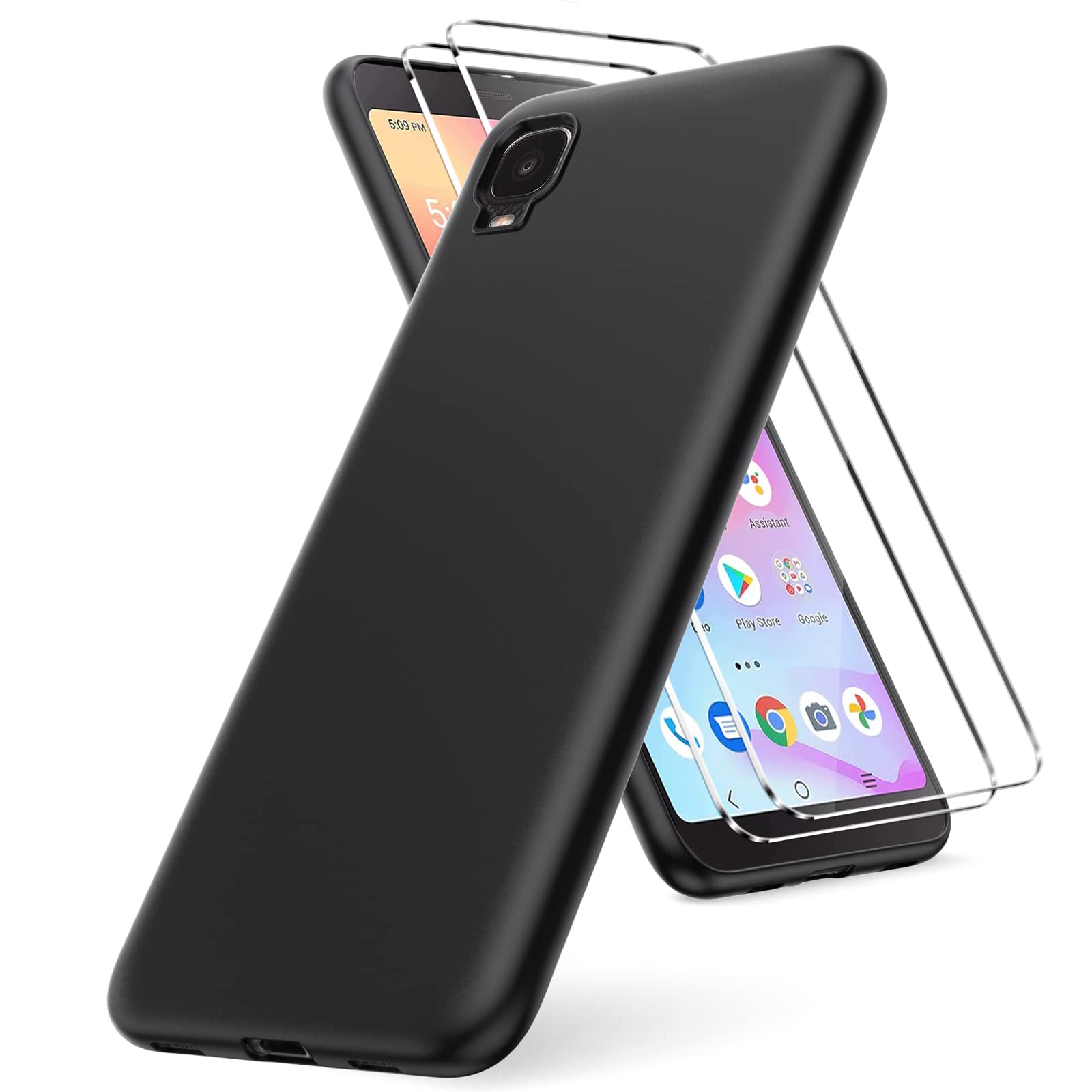 Oududianzi - Case for Alcatel TCL A3 A509DL/TCL A30 Phone Case, with 2 Pieces Screen Protector,Thin and Light Soft TPU Silicone Case, Shockproof Anti-Scratch Flexible Rubber Case-Black