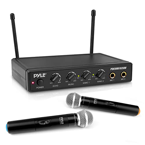 Pyle Wireless Karaoke Microphone System - Portable Audio Sound Mixer Receiver Set w/Dual Mic Setting, Two Handheld Mics, 3.5mm AUX & RCA Cord - for DJ Sound, Home Party, & Theater - PDKWM102UM