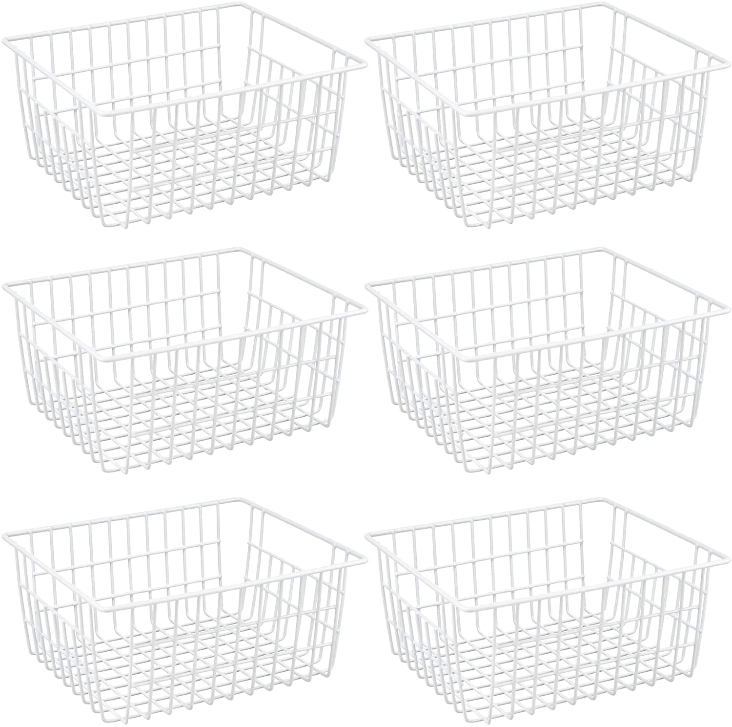 Redrubbit Wire Storage Baskets, Large Farmhouse Metal Freezer Basket Storage Organizer Bins with Handles for Kitchen Cabinets, Pantry, Closets, Bedrooms, Bathrooms, Set of 6, White