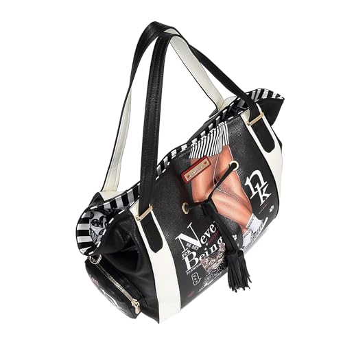 Nicole Lee Nikky Never Be Shy Shoulder Bag, Drawstring Closure Vegan Leather Bag with Multiple Pockets, Kitty Cat Fashion Print