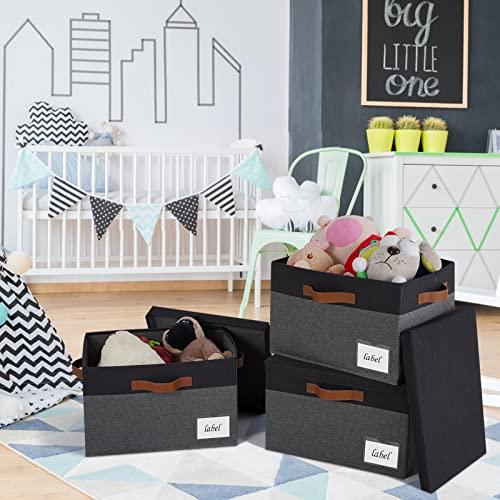 PFFVRP Large Storage Bins with Lids, Foldable Fabric Storage Baskets with Lids, Sturdy Storage Boxes with Labels and 3 PU Handles for Closet Home Bedroom Office (26L, Grey&Black)