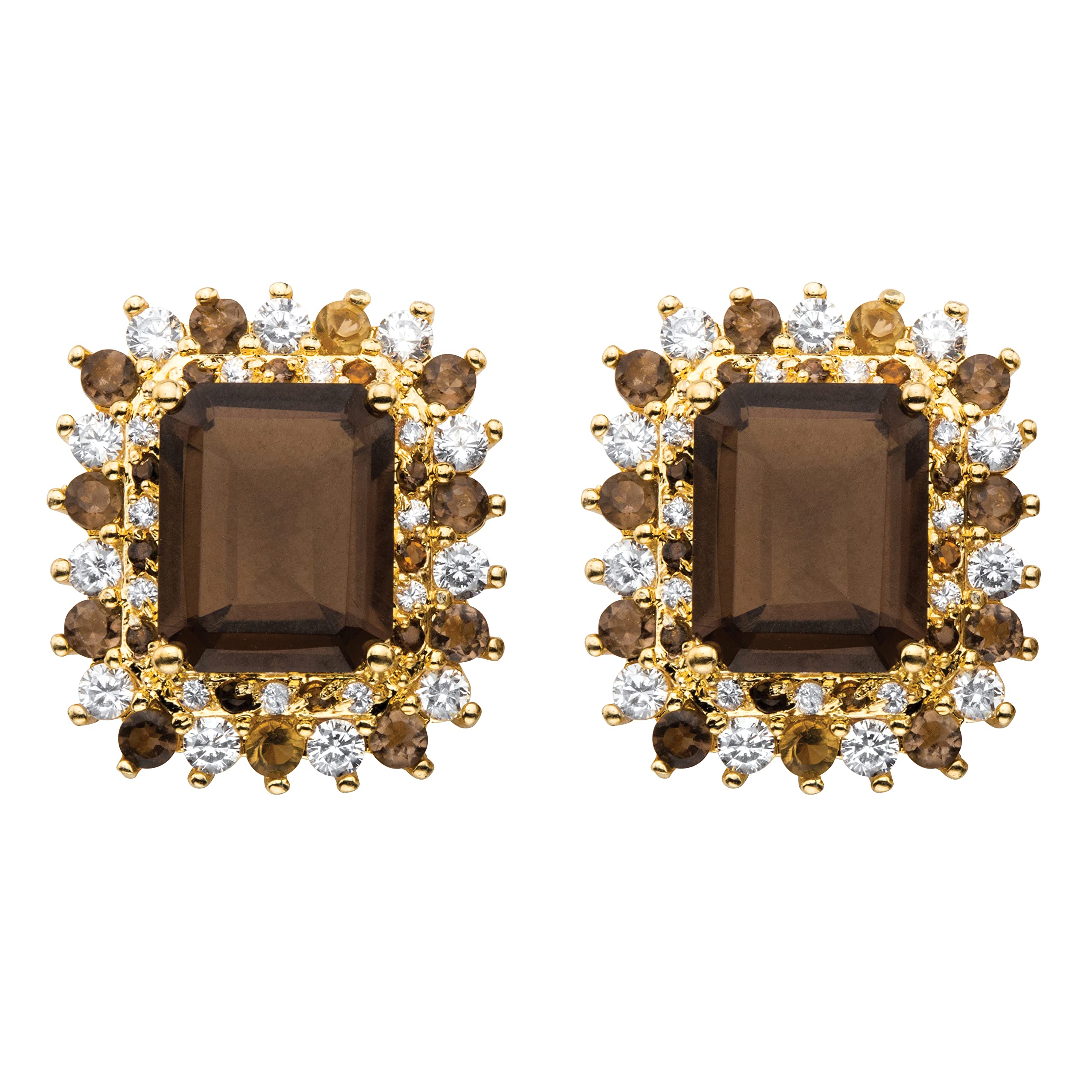 PalmBeach Yellow Gold-plated Emerald Cut Genuine Smoky Topaz Button Earrings (18x16mm)