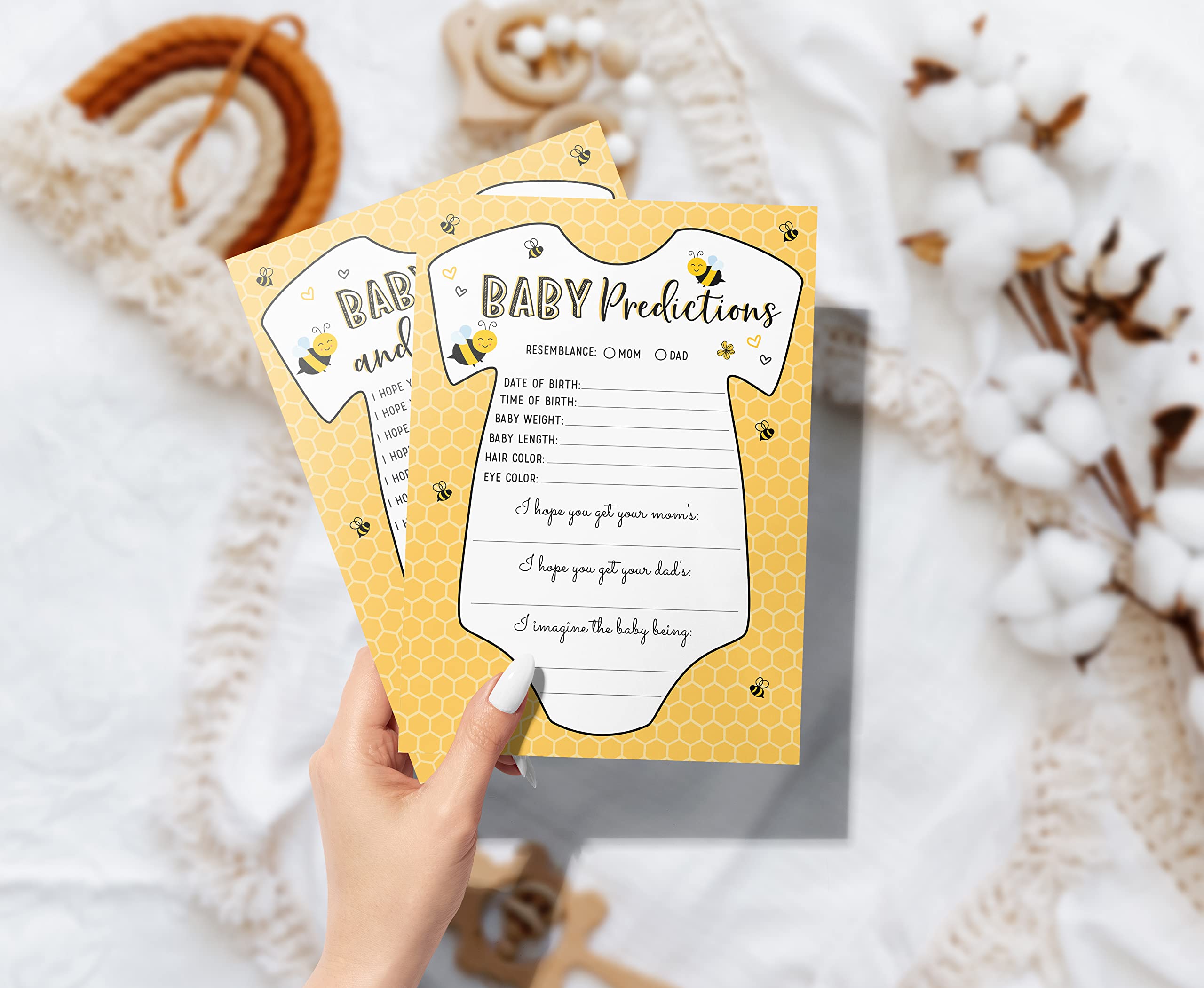 Your Main Event Prints Baby Shower Games Advice, Wishes, and Prediction Cards (Neutral Bee Yellow) - 50 Pack Gender-Neutral Baby Shower Activity for Guests