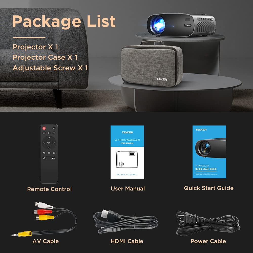 TENKER WiFi Bluetooth Projector, 9500L Native 1080P Projector 4k Support, 300‘’ Full HD Outdoor Projector Support Zoom/Sleep Timer, Mini Video Projector Compatible w/Phone/Laptop/PC/DVD/TV