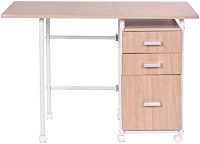Natural Foldable Computer PC Laptop Work Desk Wheeled Office Furniture with 3 Drawers Home Office Study Computer Work Table Desk(U.S. Stock)