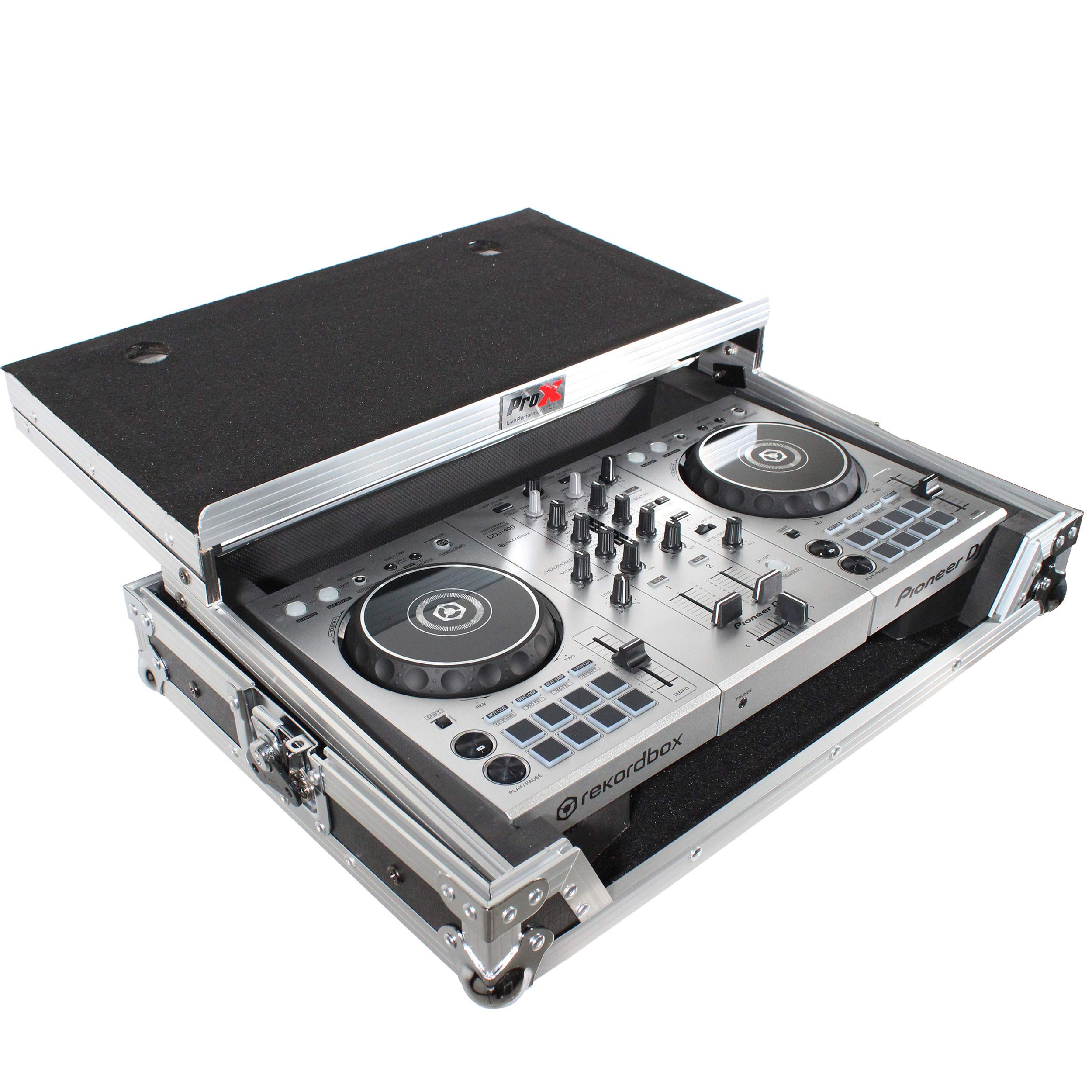 ProX Flight Case for Pioneer DDJ-SB3 & DDJ-400 Digital Controller With Sliding Laptop Shelf - Silver on Black Design - X-DDJSB3 LT