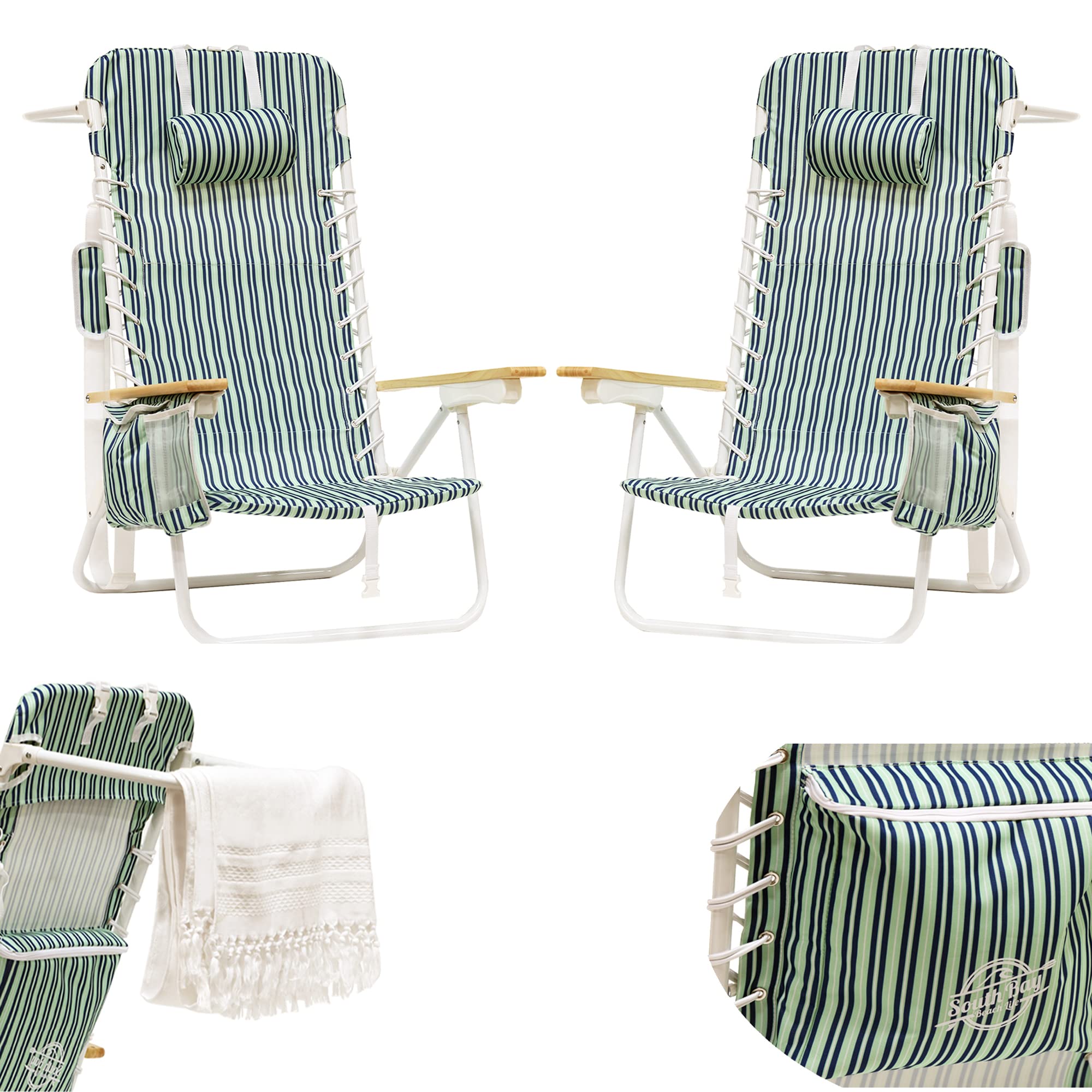 South Bay Beach Life - Premium Beach Chair - Custom, XL Rust-Proof Aluminum Frame Chairs with Insulated Coolers - Portable Carry Strap - 4 Position Full Recline