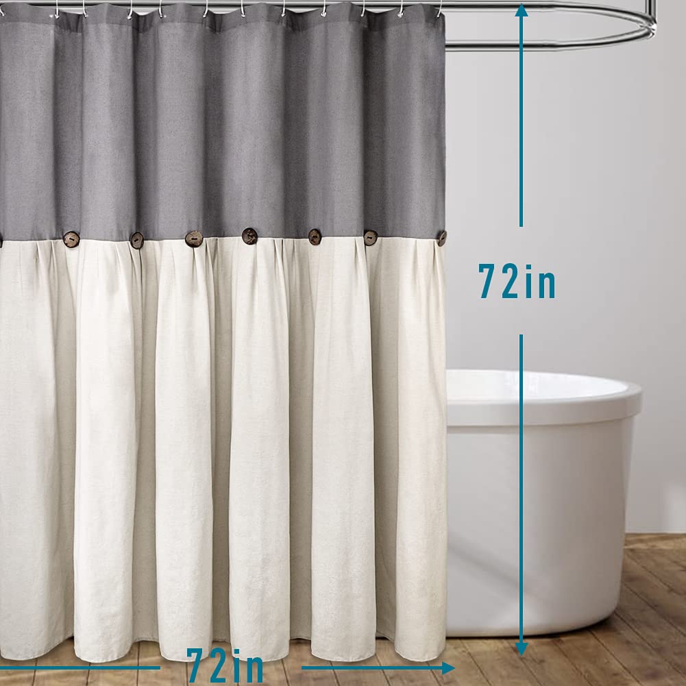 Reisen Linen Farmhouse Shower Curtain Button Gray and Off White Shower Curtains for Bathroom, 72" x 72"