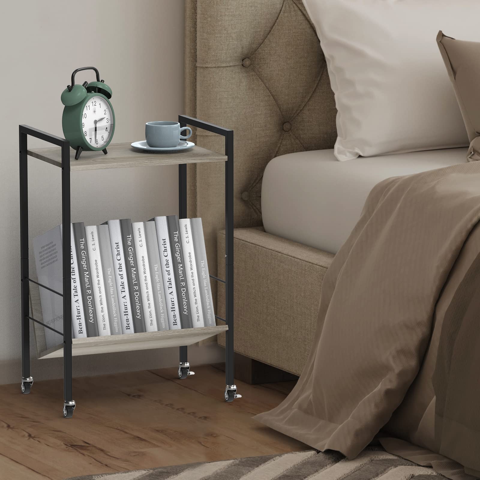 NOVIMANGO Record Player Stand with Storage, Vinyl Player Stand 2 Tier Vinyl Record Storage with Wheels Turntable Stand with Metal Frame Industrial Record Player Cabinet for Bedroom Office, Gray