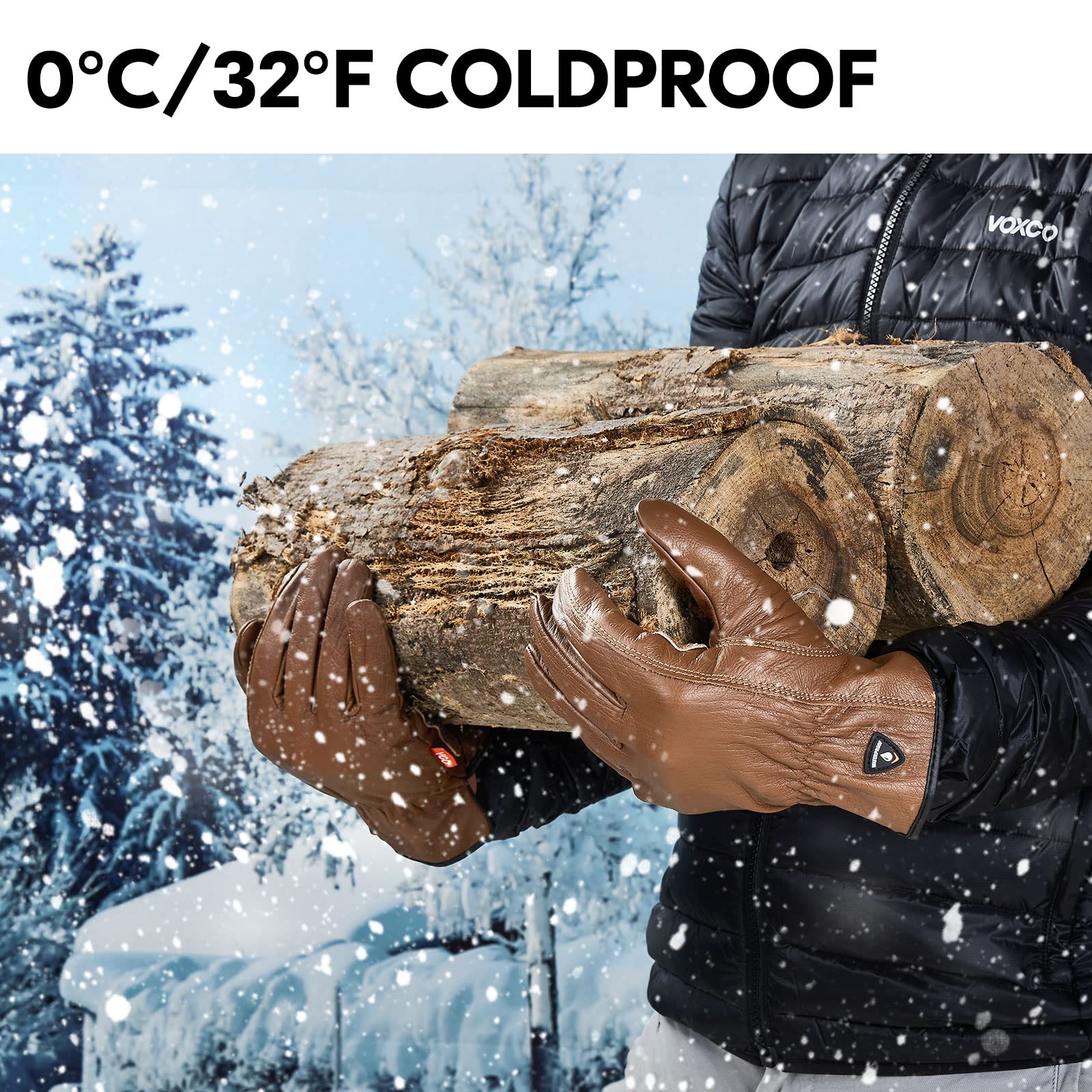 Vgo... 1Pair 0℃/32°F Winter Cow Grain Leather Work Gloves, Cold Weather Waterproof Safety Work Gloves(Size XL,Brown,CA9597FLWP)