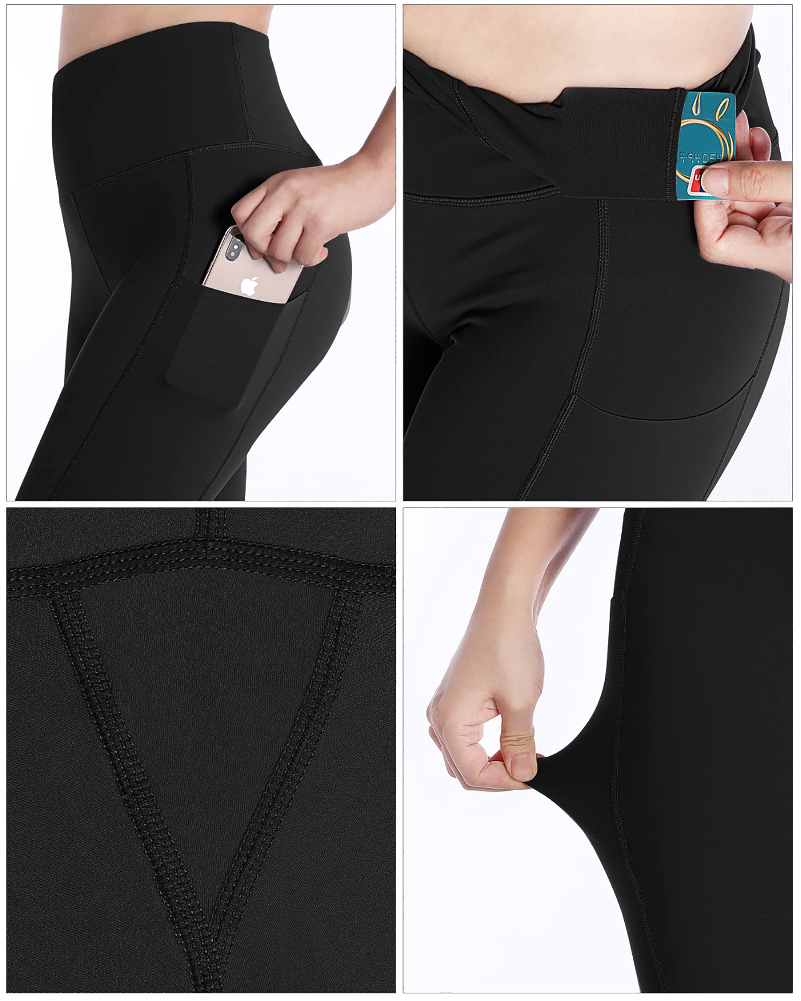 OUGES Womens High Waist Pockets Yoga Pants Running Pants Workout Leggings(Black,L)