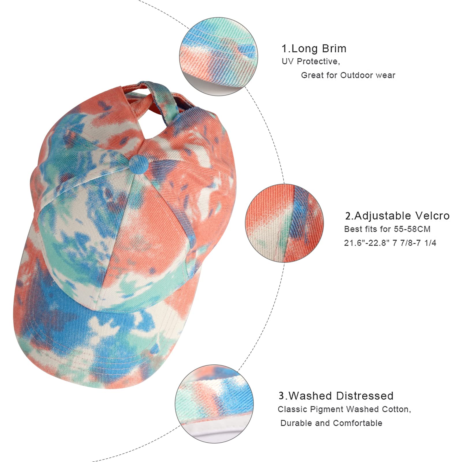 Ponytail Hat Baseball Cap for Women Criss Cross Adjustable Washed Tie Dye Messy Bun Trucker Dad Hat Ponycaps Womens Multicoloured