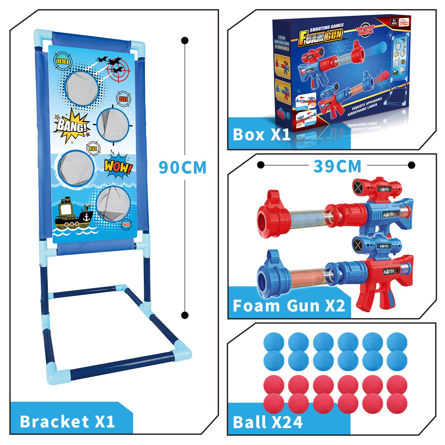 OleFun Shooting Game Toy for Age 6, 7, 8,9,10+ Years Old Kids, Boys - 2 Foam Ball Popper Air Guns & Shooting Target & 24 Foam Balls - Ideal Gift