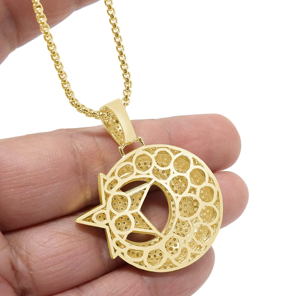 USDIAMONDKING 20+ Grams 3D Genuine Sterling Silver Allah Muslim Islamic Crescent Moon and Star Charm 2.00 Cwt. Simulated Diamond Pendant Chain Neckless Set (White Gold Finish)