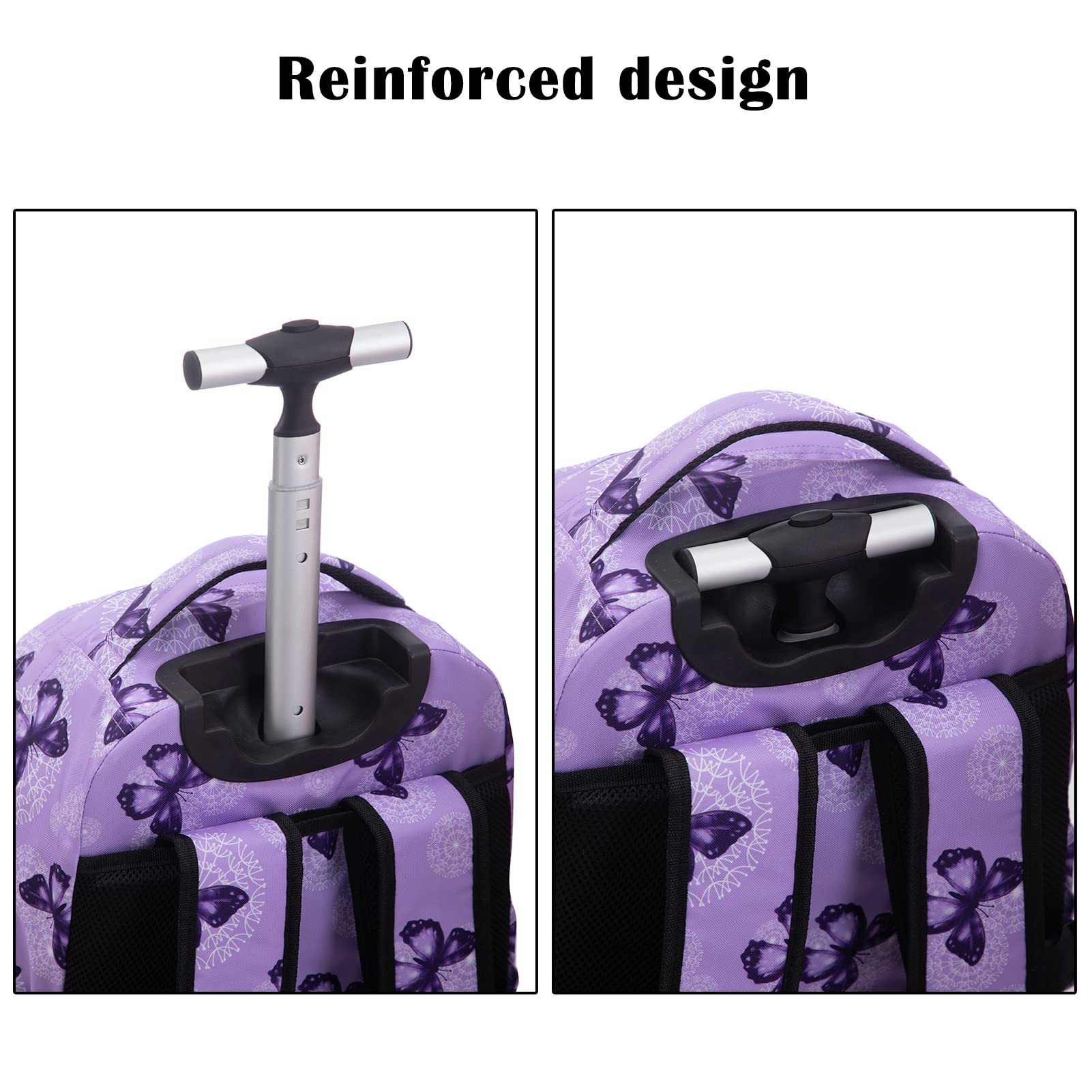 SKYMOVE 18 inches Wheeled Rolling Backpack Multi-Compartment Elementary Books Laptop Roller Bag Short Trip Carry-on for Women and Girls, Purple Butterfly