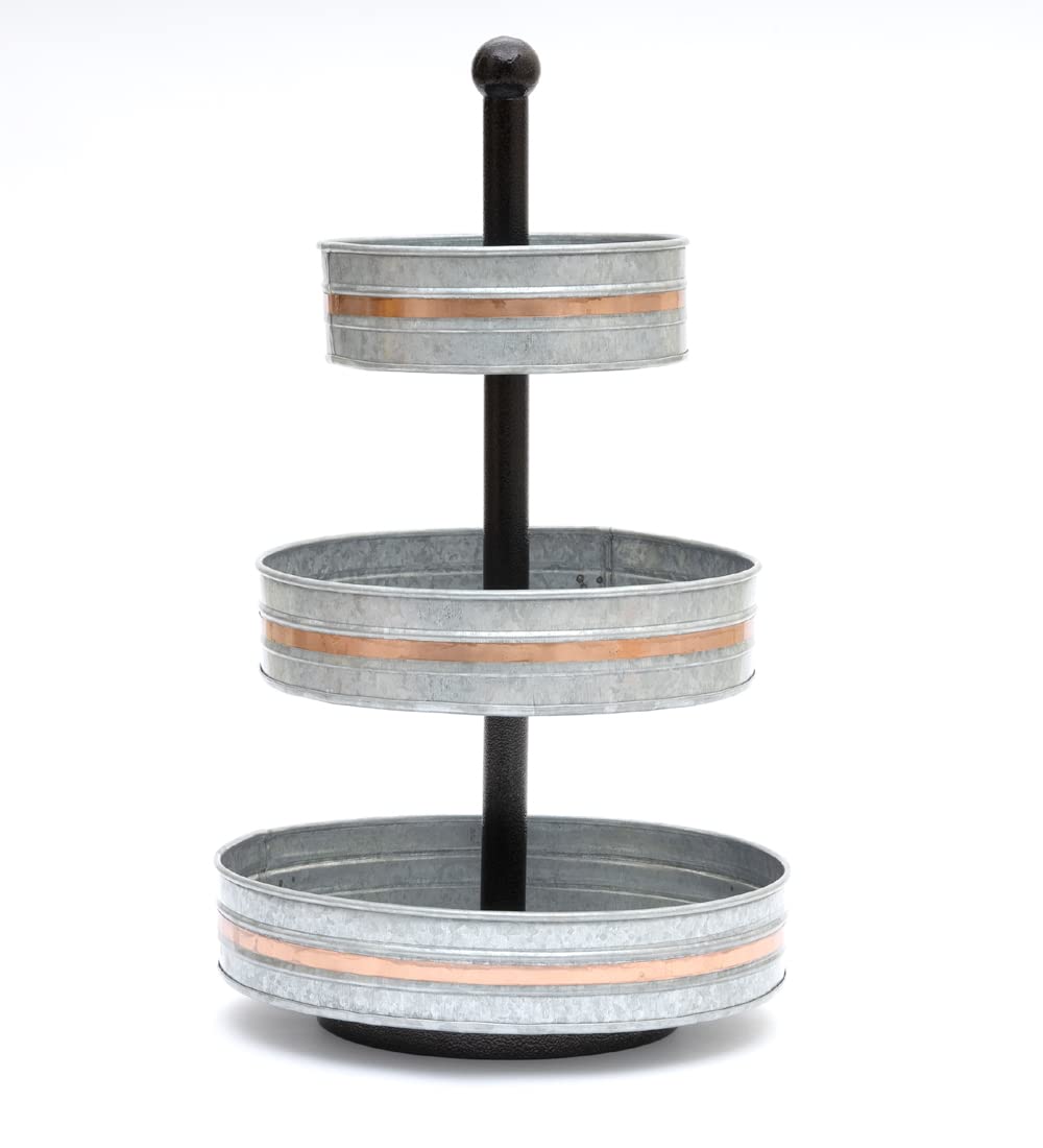 THE ARTIQUE Galvanized Stand, Tiered Tray, Three Tier Serving Stand with Copper Trim, Cupcake Stand Bar Accessories, 3 Tiered Metal Tray Platter for Cake, Dessert, Appetizers & More- Antique Silver