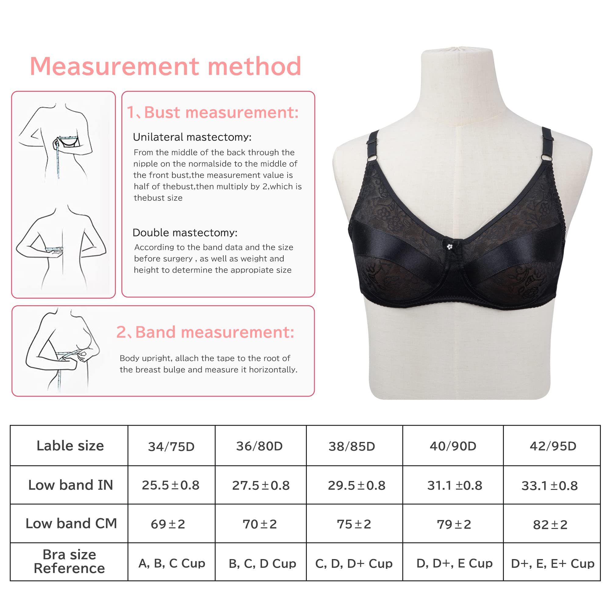 Pocket Bra for Crossdressing Mastectomy Prosthesis Breast Forms Underwired Post-Surgery Bra Black 46/105D