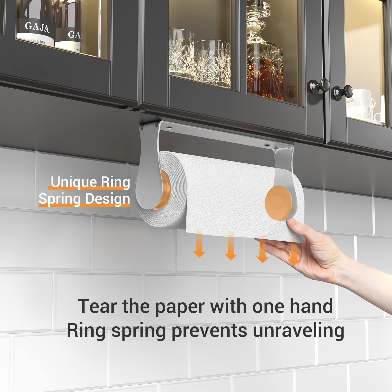 Swaitee Paper Towel Holder, One Hand Tear Paper Towel Holder Under Cabinet with Ring Spring, Stainless Steel Paper Holder Rack Adhesive or Wall Mount for Kitchen Bathroom