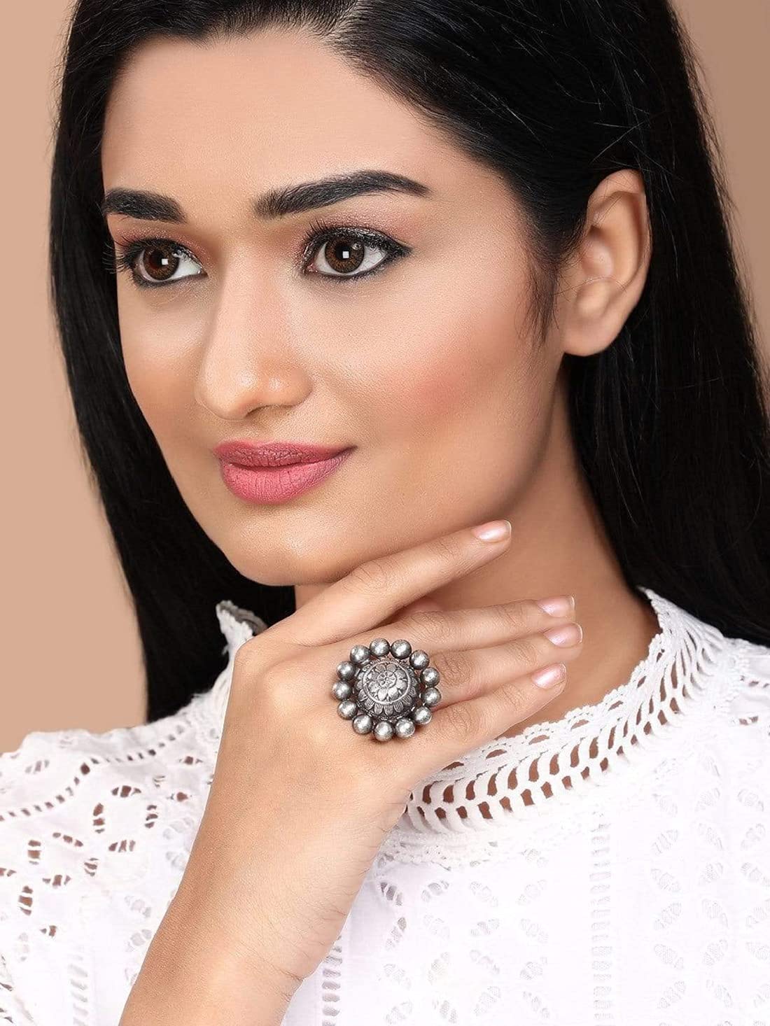 Saissa Silver Tone Oxidized Metal Adjustable Ring Indian Jewelry for Women