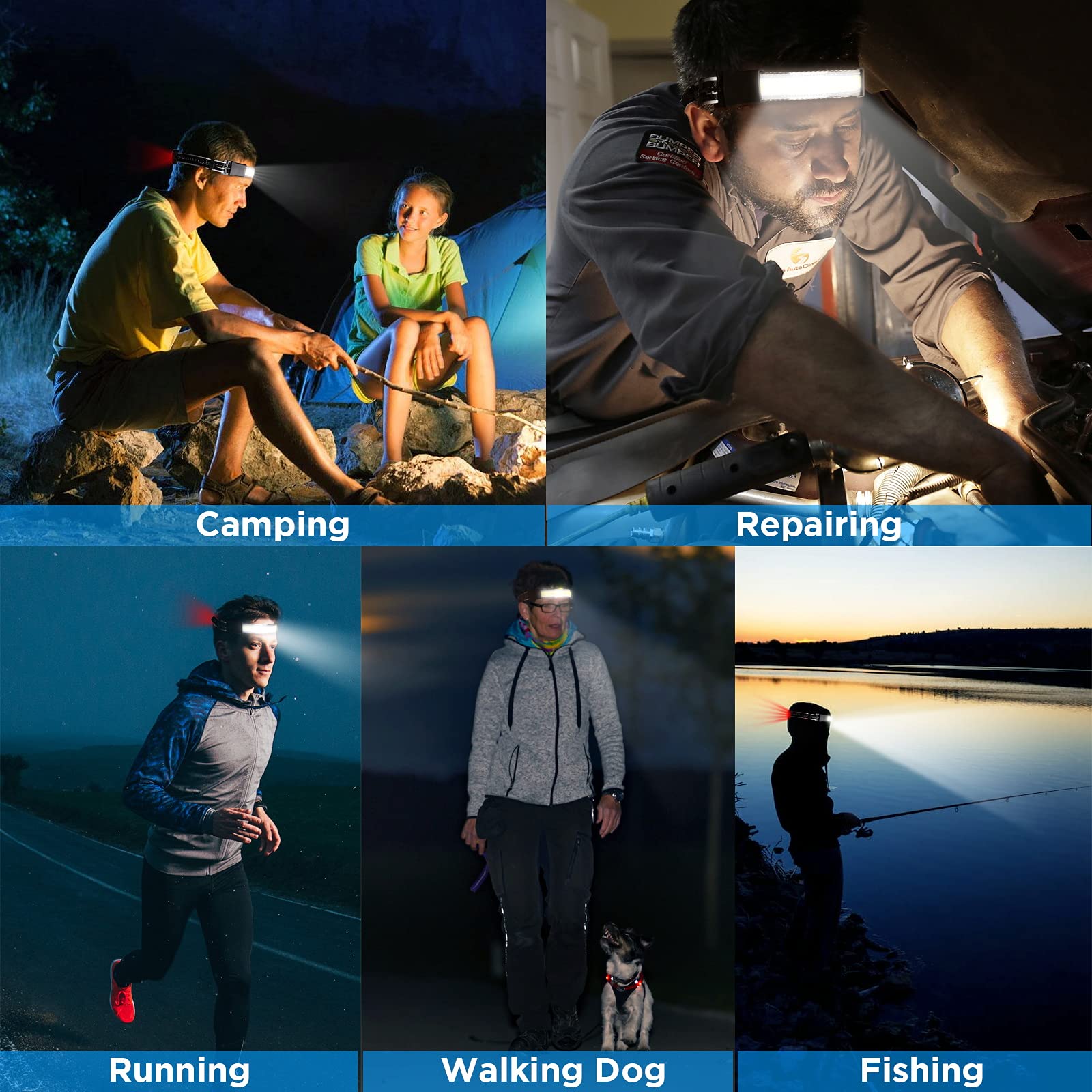 Svjestan LED Headlamp Rechargeable, 1000 Lumen Headlamp Hard hat Light Mechanic Light, 230°Wide Beam Headband Light with Red Tail Light, Lightweight Head Lamp for Running Camping(2-Packs)