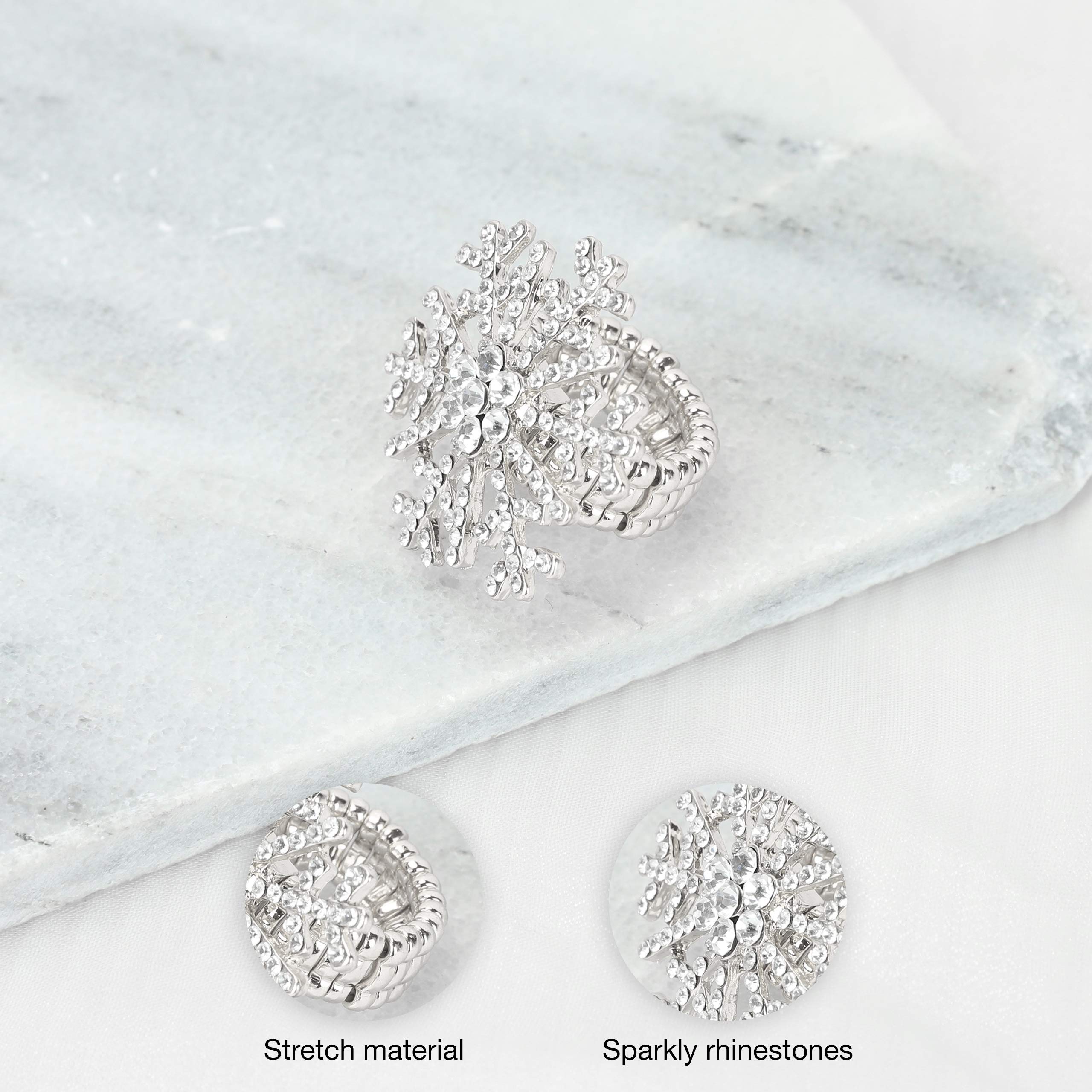 SP Sophia Collection Women's Glistening Rhinestone Winter Snowflake Stretch Ring in Silver