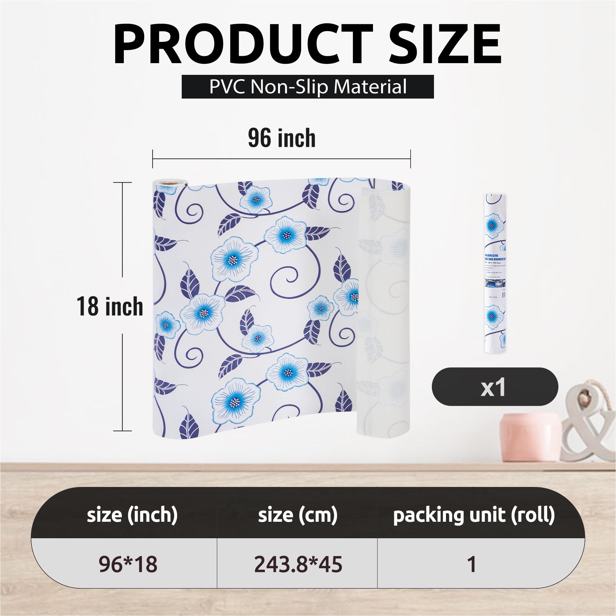 RAY STAR 18X96 Inch Shelf Liner for Kitchen Cabinets, Non-Adhesive Cabinet Liner Washable, PVC Drawer Liner for Dresser Non-Slip Bathroom (Blue Floral)(1 Roll)