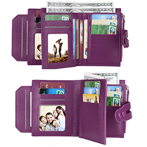 UTO Genuine Leather Wallet for Women Bifold Snap Money Coins Organizer Purse with Detachable Card Case Holder