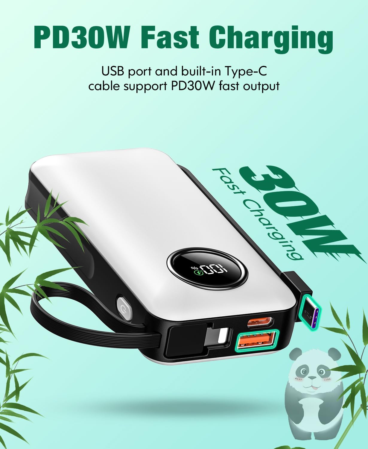 Portable-Charger-Power-Bank - 15000mAh PD 30W Power Bank, Built in Type-C(30W) and iOS(20W) Output Cables LED Display for iPhone and Android Phones and Most Electronic Devices