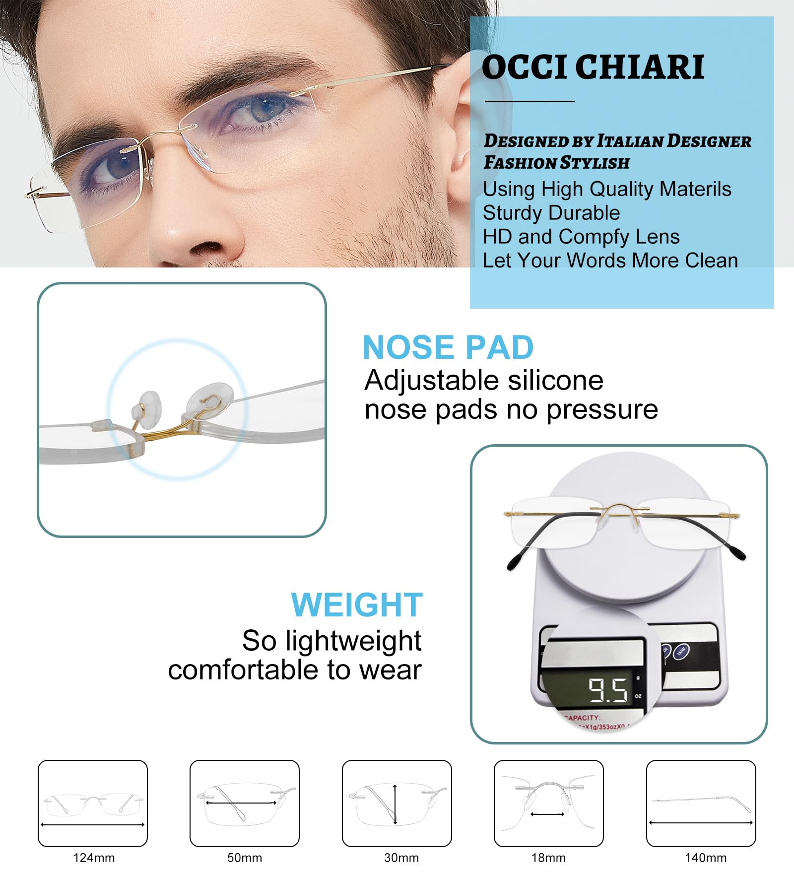 OCCI CHIARI Gold Blue Light Reading Glasses for Men Titanium Frameless Readers 2.0X Lightweight(1.0 1.25 1.5 1.75 2.0 2.25 2.5 2.75 3.0 3.5 4.0 5.0 6.0)