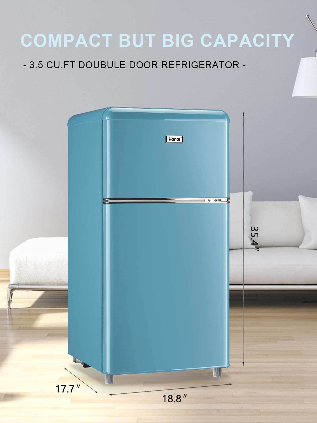 WANAI Compact Refrigerator 3.5 Cu.Ft Retro Mini Fridge with Freezer Dual Door Small Refrigerator with Adjustable Temperature,LED Lights, Removable Shelves, Mini Refrigerator for Dorm, Office, Bedroom