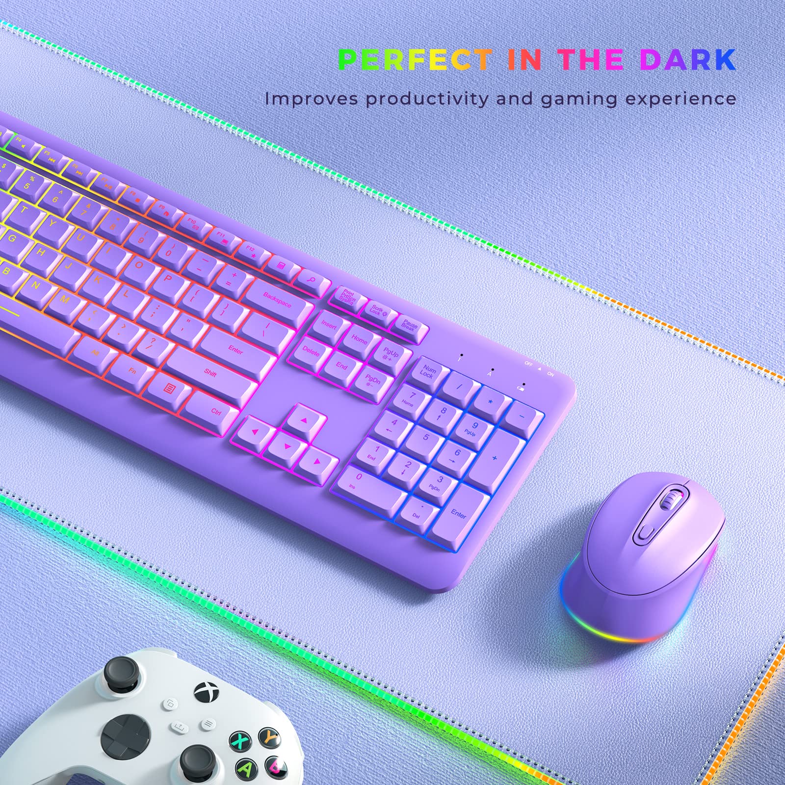 Wireless Keyboard and Mouse Combo Backlit, seenda Rechargeable Full-Size Illuminated 2.4Ghz Silent Keyboard and Mouse for Computer/Laptops/Windows/Gaming, Vine Purple