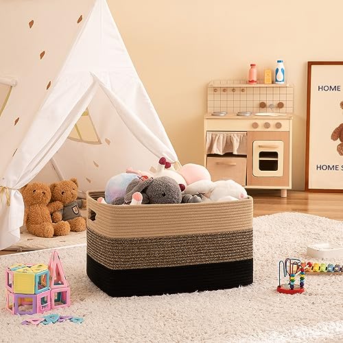 OIAHOMY Large Cotton Rope Basket, Rectangle Woven Baskets for Storage, Nursery Blanket Basket Living Room, Toy Basket with Handle, Large Baskets for Organizing-22βx17βx12β-Yellow Black