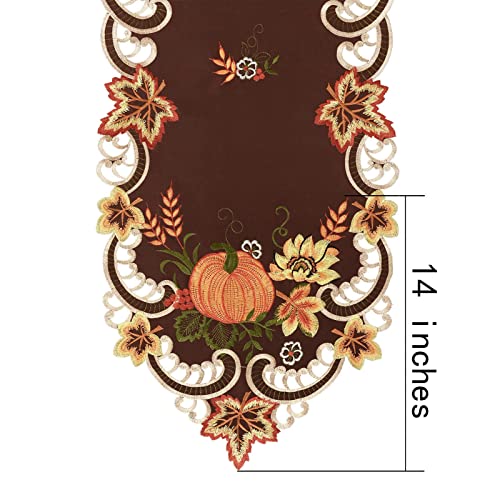 Simhomsen Brown Embroidered Thanksgiving Harvest Pumpkins Table Runners for Autumn Or Fall Decorations (14 × 69 Inches)