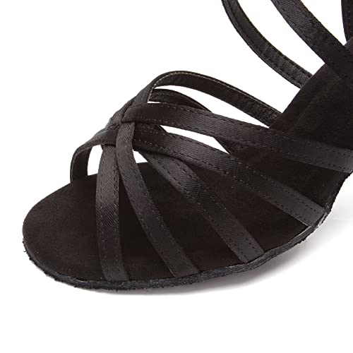 SWDZM Women's Latin Dance Shoes Open-Toe Silk Salsa Tango Ballroom Professional Practice Performance Dance Shoes,Heel-3 1/3'',WZSP2324 Black 8 US