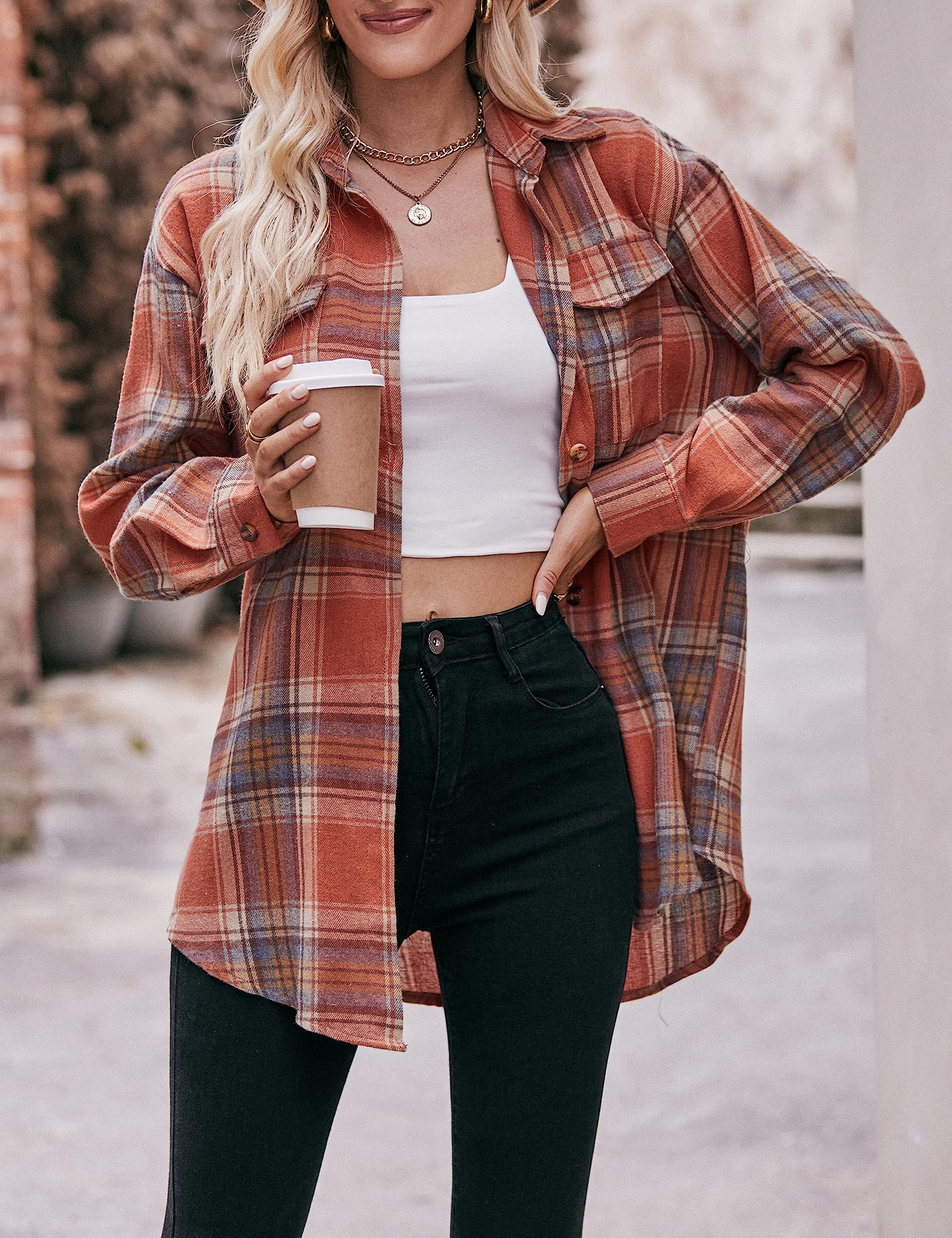 Oulivey Women Plaid Flannel Shirts Long Sleeve Oversized Button Down Boyfriend Blouse Tops (0066-Brown-XL)