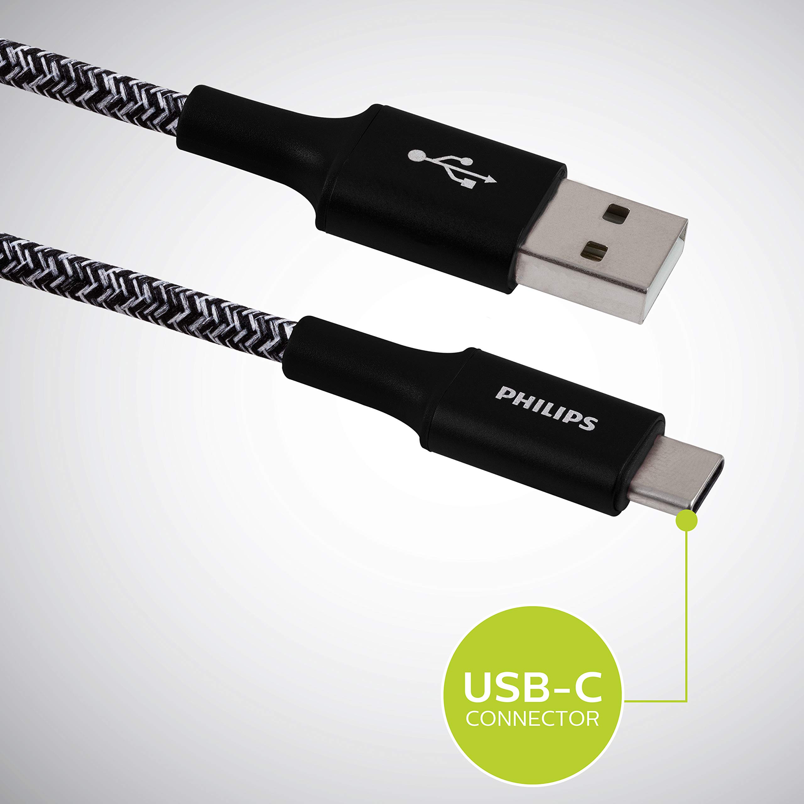 PHILIPS 3 Ft. USB Type C Cable, USB-A to USB-C Black Durable Braided Fast Charging Cable, for iPhone 15/Pro/Max, iPad, MacBook, Samsung Galaxy S23/S22/Ultra, Google Pixel, DLC5203BA/37